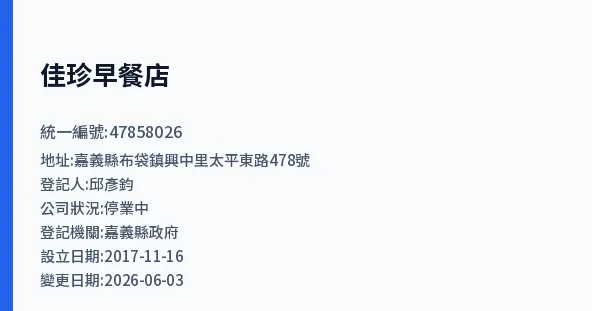 佳珍早餐店的照片-統編 47858026(嘉義縣) 公司登記資料與營業項目詳細圖表