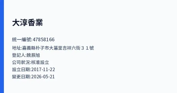 大淳香業的照片-統編 47858166(嘉義縣) 公司登記資料與營業項目詳細圖表