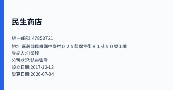 民生商店的照片-統編 47858721(嘉義縣) 公司登記資料與營業項目詳細圖表