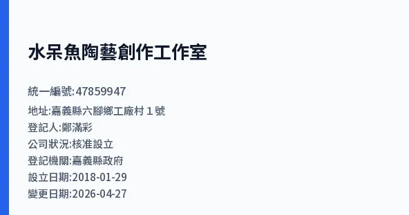 水呆魚陶藝創作工作室的照片-統編 47859947(嘉義縣) 公司登記資料與營業項目詳細圖表