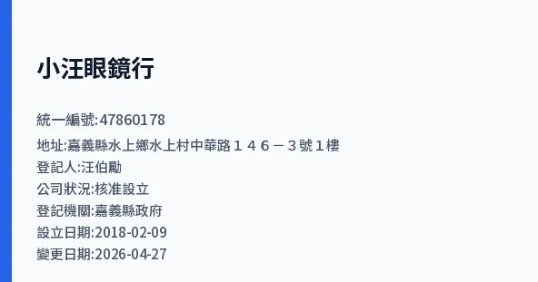 小汪眼鏡行的照片-統編 47860178(嘉義縣) 公司登記資料與營業項目詳細圖表