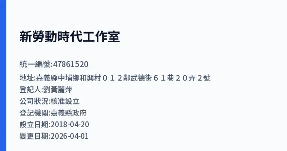 新勞動時代工作室的照片-統編 47861520(嘉義縣) 公司登記資料與營業項目詳細圖表
