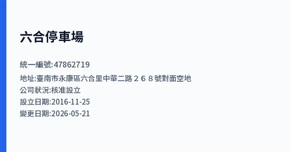 六合停車場的照片-統編 47862719(臺南市) 公司登記資料與營業項目詳細圖表