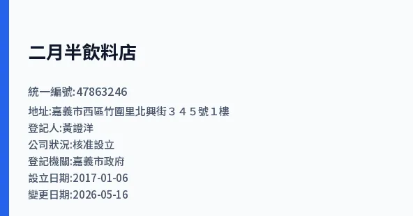 二月半飲料店的照片-統編 47863246(嘉義市) 公司登記資料與營業項目詳細圖表