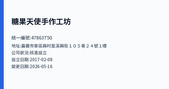 糖果天使手作工坊的照片-統編 47863750(嘉義市) 公司登記資料與營業項目詳細圖表
