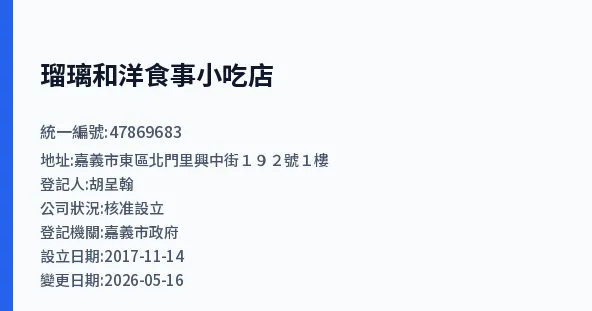 瑠璃和洋食事小吃店的照片-統編 47869683(嘉義市) 公司登記資料與營業項目詳細圖表