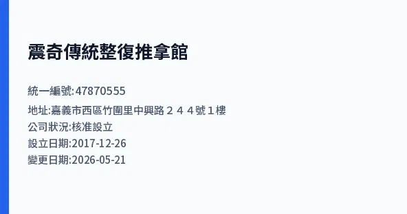 震奇傳統整復推拿館的照片-統編 47870555(嘉義市) 公司登記資料與營業項目詳細圖表