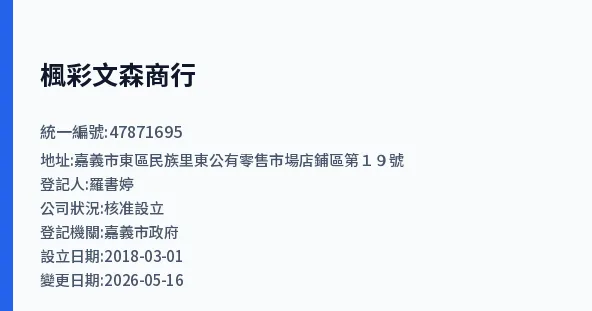楓彩文森商行的照片-統編 47871695(嘉義市) 公司登記資料與營業項目詳細圖表