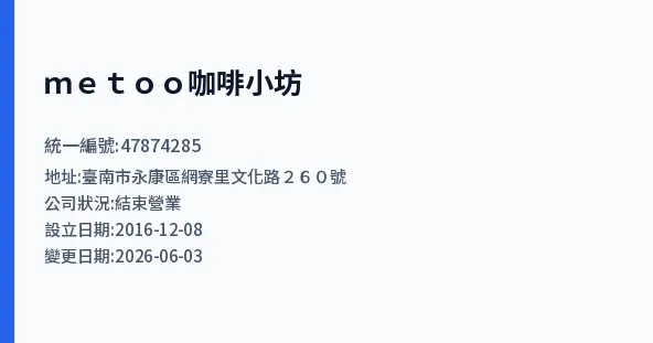 metoo咖啡小坊的照片-統編 47874285(臺南市) 公司登記資料與營業項目詳細圖表