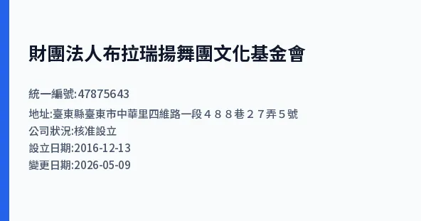 財團法人布拉瑞揚舞團文化基金會的照片-統編 47875643(臺東縣) 公司登記資料與營業項目詳細圖表