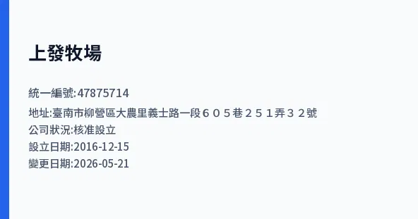 上發牧場的照片-統編 47875714(臺南市) 公司登記資料與營業項目詳細圖表
