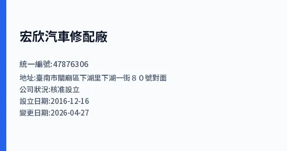 宏欣汽車修配廠的照片-統編 47876306(臺南市) 公司登記資料與營業項目詳細圖表