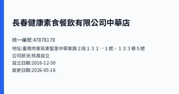 長春健康素食餐飲有限公司中華店的照片-統編 47878178(臺南市) 公司登記資料與營業項目詳細圖表