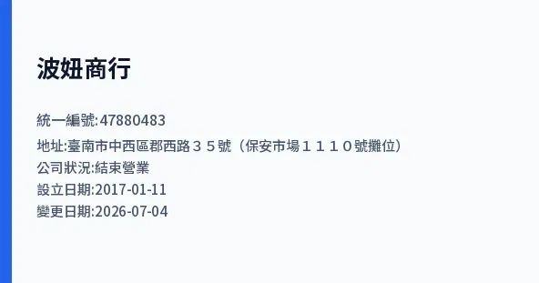 波妞商行的照片-統編 47880483(臺南市) 公司登記資料與營業項目詳細圖表