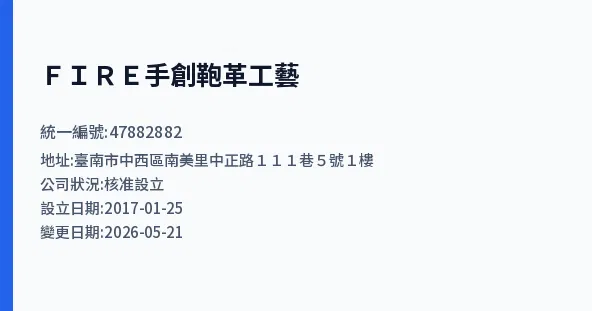 FIRE手創鞄革工藝的照片-統編 47882882(臺南市) 公司登記資料與營業項目詳細圖表