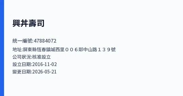 興丼壽司的照片-統編 47884072(屏東縣) 公司登記資料與營業項目詳細圖表