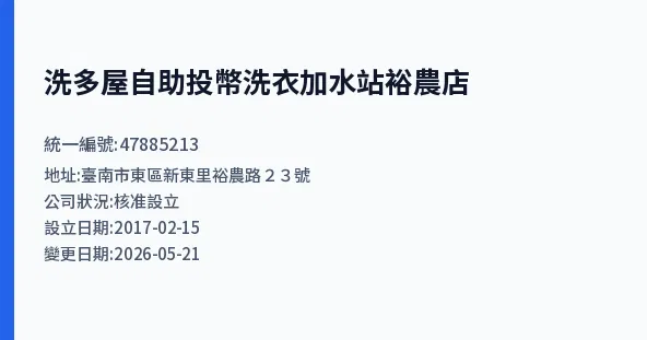 洗多屋自助投幣洗衣加水站裕農店的照片-統編 47885213(臺南市) 公司登記資料與營業項目詳細圖表