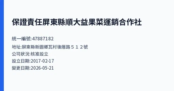 保證責任屏東縣順大益果菜運銷合作社的照片-統編 47887182(屏東縣) 公司登記資料與營業項目詳細圖表