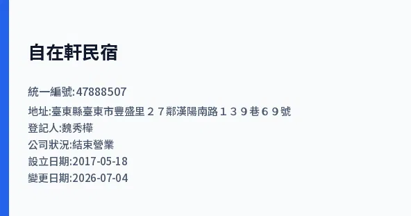 自在軒民宿的照片-統編 47888507(臺東縣) 公司登記資料與營業項目詳細圖表