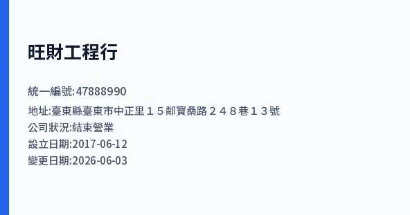 旺財工程行的照片-統編 47888990(臺東縣) 公司登記資料與營業項目詳細圖表