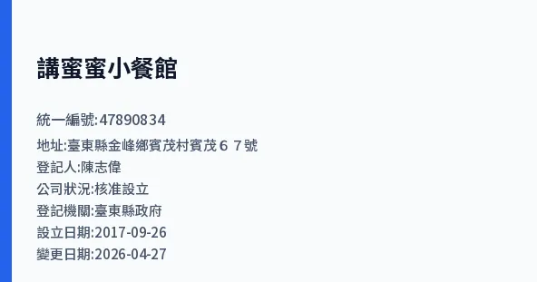 講蜜蜜小餐館的照片-統編 47890834(臺東縣) 公司登記資料與營業項目詳細圖表