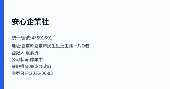 安心企業社的照片-統編 47891691(臺東縣) 公司登記資料與營業項目詳細圖表