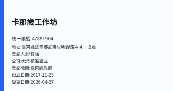 卡那歲工作坊的照片-統編 47891904(臺東縣) 公司登記資料與營業項目詳細圖表
