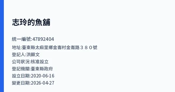 志玲的魚舖的照片-統編 47892404(臺東縣) 公司登記資料與營業項目詳細圖表