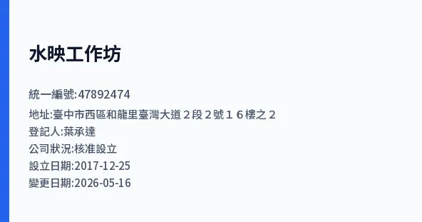 水映工作坊的照片-統編 47892474(臺中市) 公司登記資料與營業項目詳細圖表