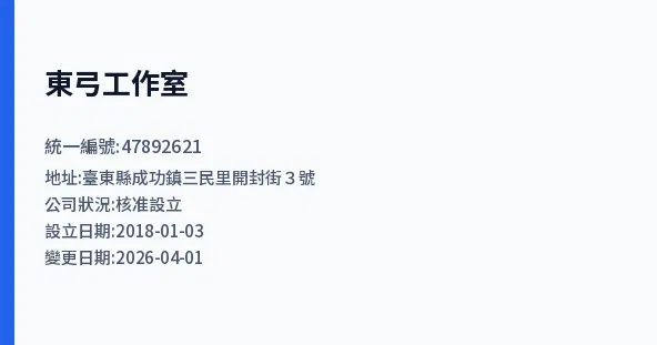 東弓工作室的照片-統編 47892621(臺東縣) 公司登記資料與營業項目詳細圖表