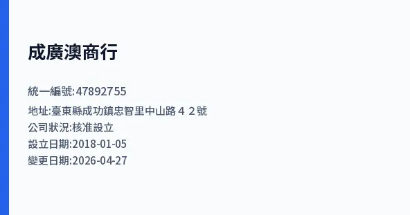成廣澳商行的照片-統編 47892755(臺東縣) 公司登記資料與營業項目詳細圖表