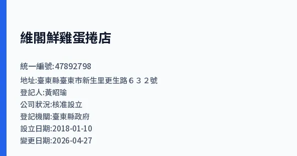 維閣鮮雞蛋捲店的照片-統編 47892798(臺東縣) 公司登記資料與營業項目詳細圖表