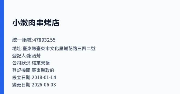 小嫩肉串烤店的照片-統編 47893255(臺東縣) 公司登記資料與營業項目詳細圖表