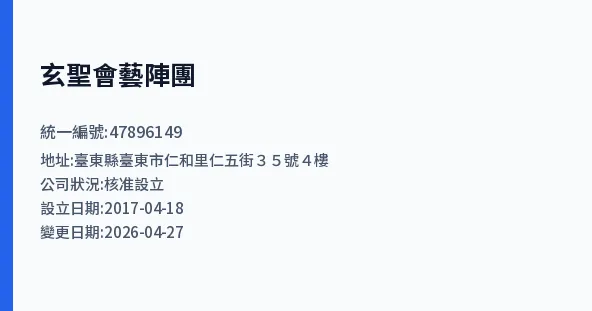 玄聖會藝陣團的照片-統編 47896149(臺東縣) 公司登記資料與營業項目詳細圖表