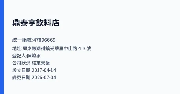 鼎泰亨飲料店的照片-統編 47896669(屏東縣) 公司登記資料與營業項目詳細圖表