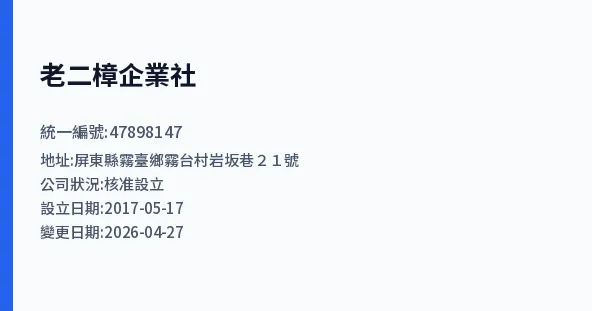 老二樟企業社的照片-統編 47898147(屏東縣) 公司登記資料與營業項目詳細圖表