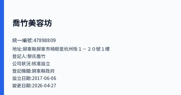喬竹美容坊的照片-統編 47898809(屏東縣) 公司登記資料與營業項目詳細圖表