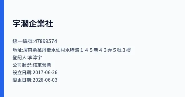 宇濶企業社的照片-統編 47899574(屏東縣) 公司登記資料與營業項目詳細圖表