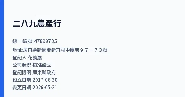 二八九農產行的照片-統編 47899785(屏東縣) 公司登記資料與營業項目詳細圖表