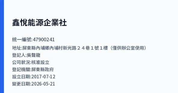 鑫悅能源企業社的照片-統編 47900241(屏東縣) 公司登記資料與營業項目詳細圖表