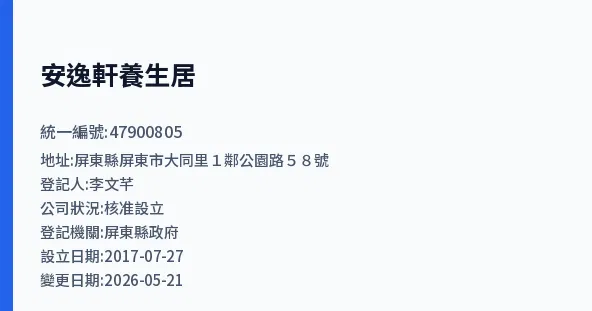 安逸軒養生居的照片-統編 47900805(屏東縣) 公司登記資料與營業項目詳細圖表
