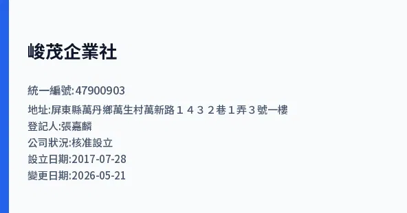 峻茂企業社的照片-統編 47900903(屏東縣) 公司登記資料與營業項目詳細圖表