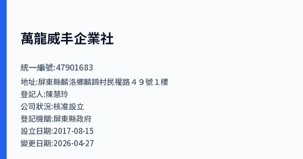 萬龍威丰企業社的照片-統編 47901683(屏東縣) 公司登記資料與營業項目詳細圖表