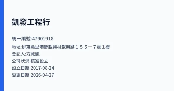 凱發工程行的照片-統編 47901918(屏東縣) 公司登記資料與營業項目詳細圖表