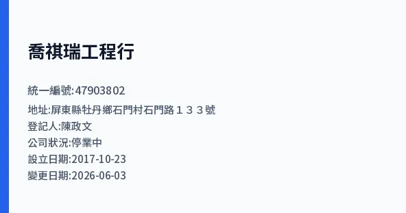喬祺瑞工程行的照片-統編 47903802(屏東縣) 公司登記資料與營業項目詳細圖表