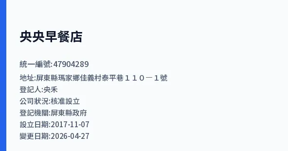 央央早餐店的照片-統編 47904289(屏東縣) 公司登記資料與營業項目詳細圖表