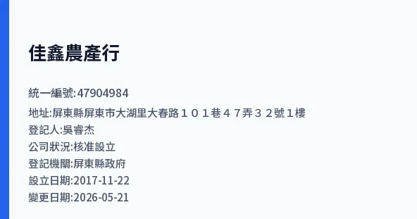 佳鑫農產行的照片-統編 47904984(屏東縣) 公司登記資料與營業項目詳細圖表