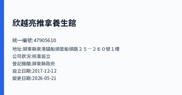 欣越亮推拿養生館的照片-統編 47905610(屏東縣) 公司登記資料與營業項目詳細圖表