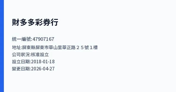 財多多彩券行的照片-統編 47907167(屏東縣) 公司登記資料與營業項目詳細圖表