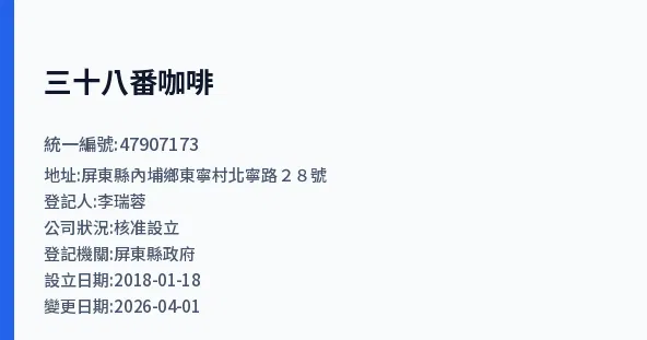 三十八番咖啡的照片-統編 47907173(屏東縣) 公司登記資料與營業項目詳細圖表